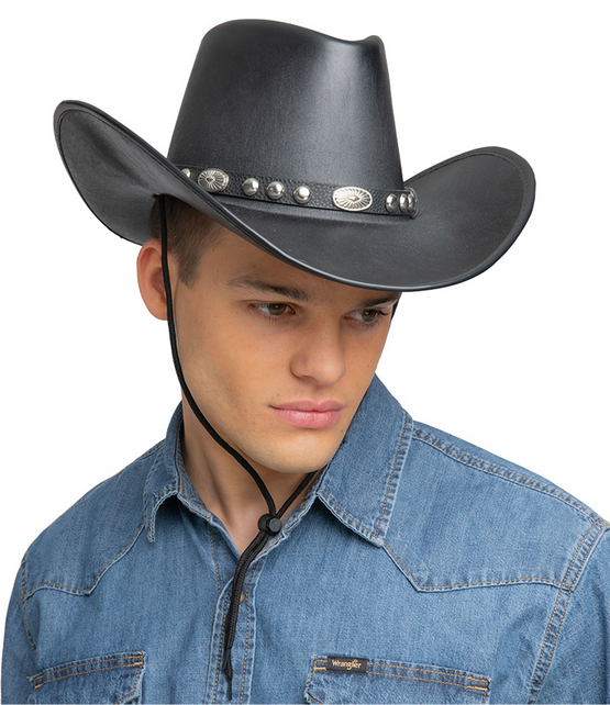 Texan Deluxe Faux Leather Black Wild West Rodeo Cowboy Hat Fancy Dress ...