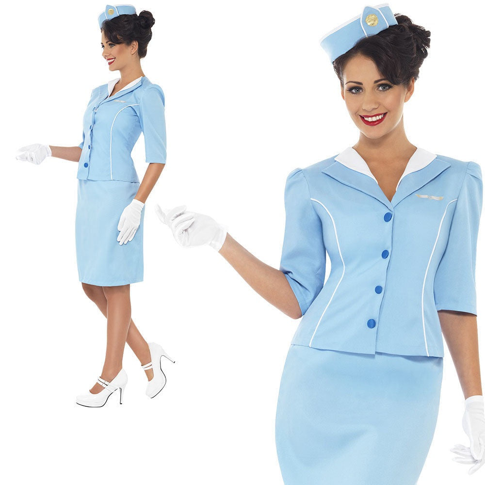 Adult Ladies Blue Air Hostess Cabin Crew Stewardess Fancy Dress Costum ...