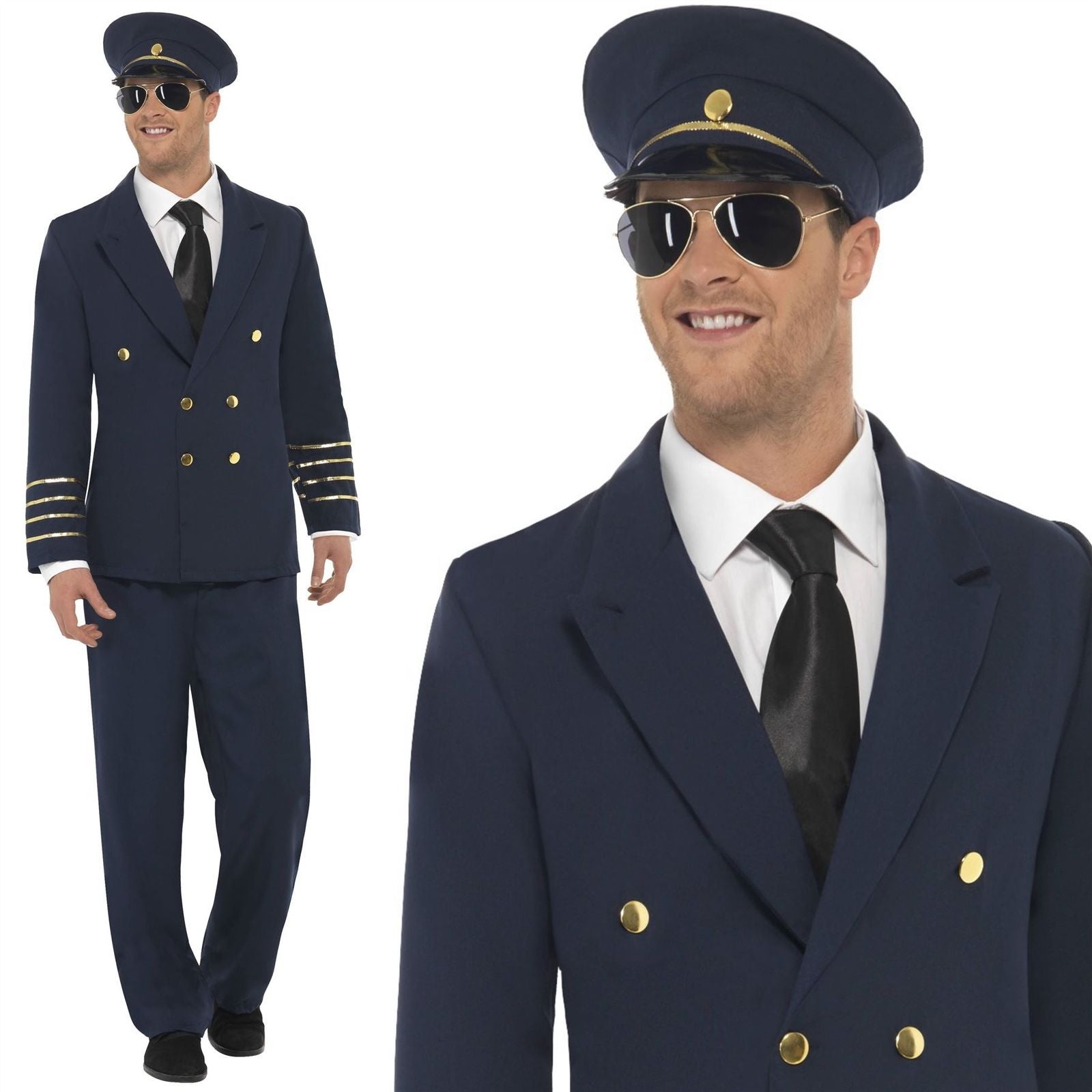 Navy Blue Airline Pilot Captain Costume Uniform Hat Mens Fancy Dress O ...