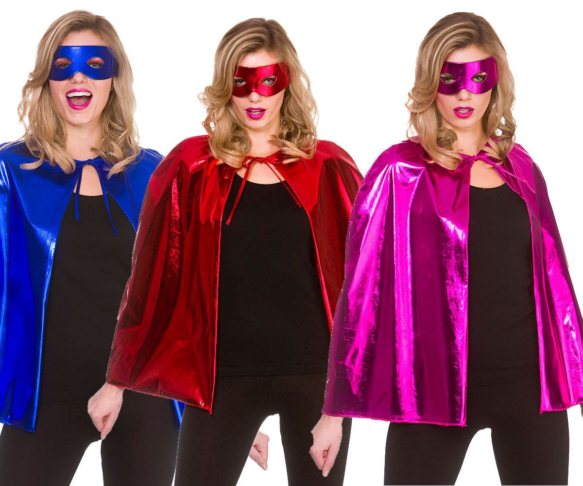 Metallic Cape Adults Super Hero Fancy Dress Costume Cape & Mask Mens L ...