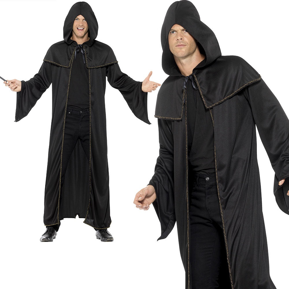 Black Wizard Cloak Mens Ladies Fancy Dress Outfit Hooded Cloak ...