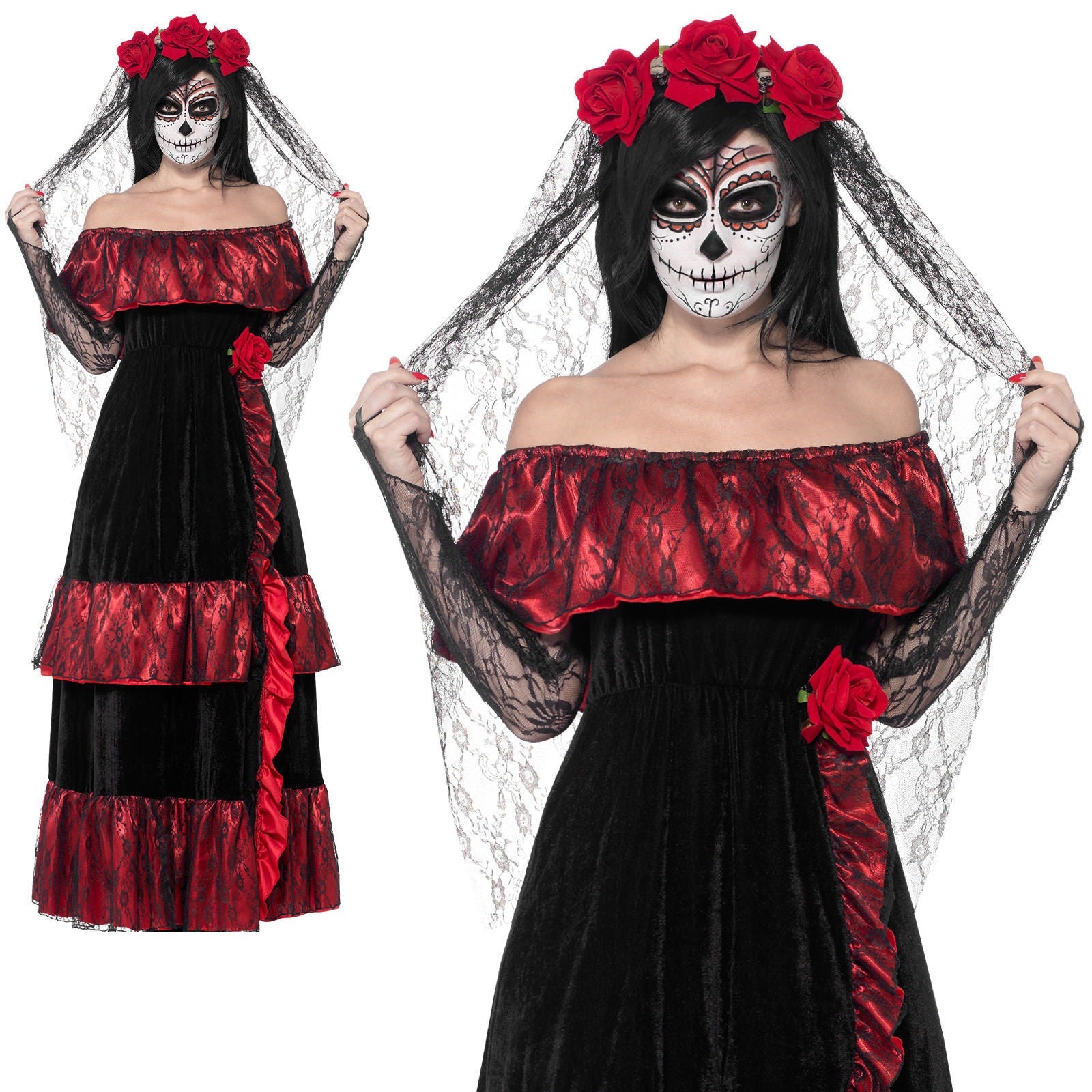 Day of the Dead Corpse Bride Costume Skeleton Halloween Ladies Fancy D ...