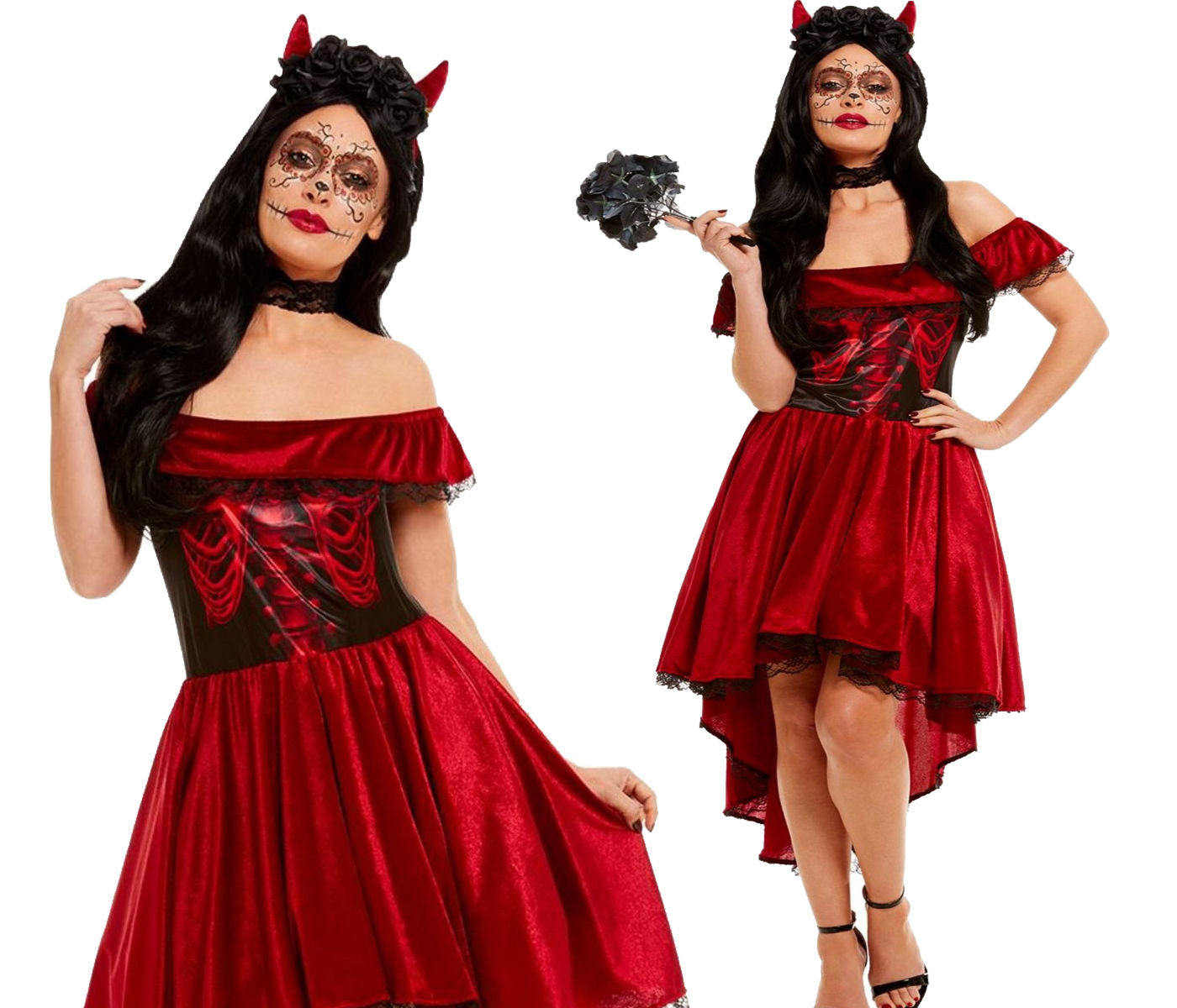 Adults Devil Costume Ladies Deluxe Halloween Day Of The Dead Fancy Dre ...