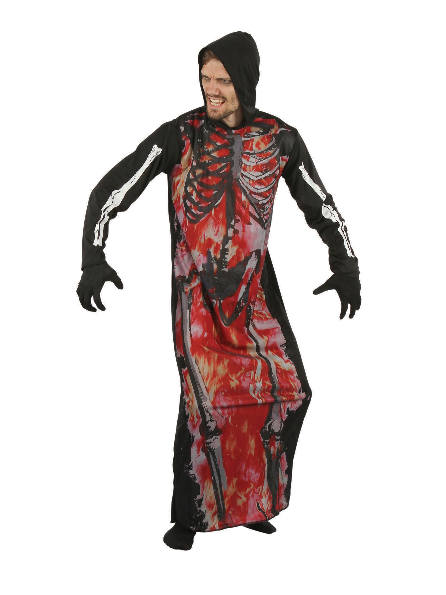 Skeleton On Fire Hooded Robe Halloween Mens Reaper Fancy Dress Costume ...