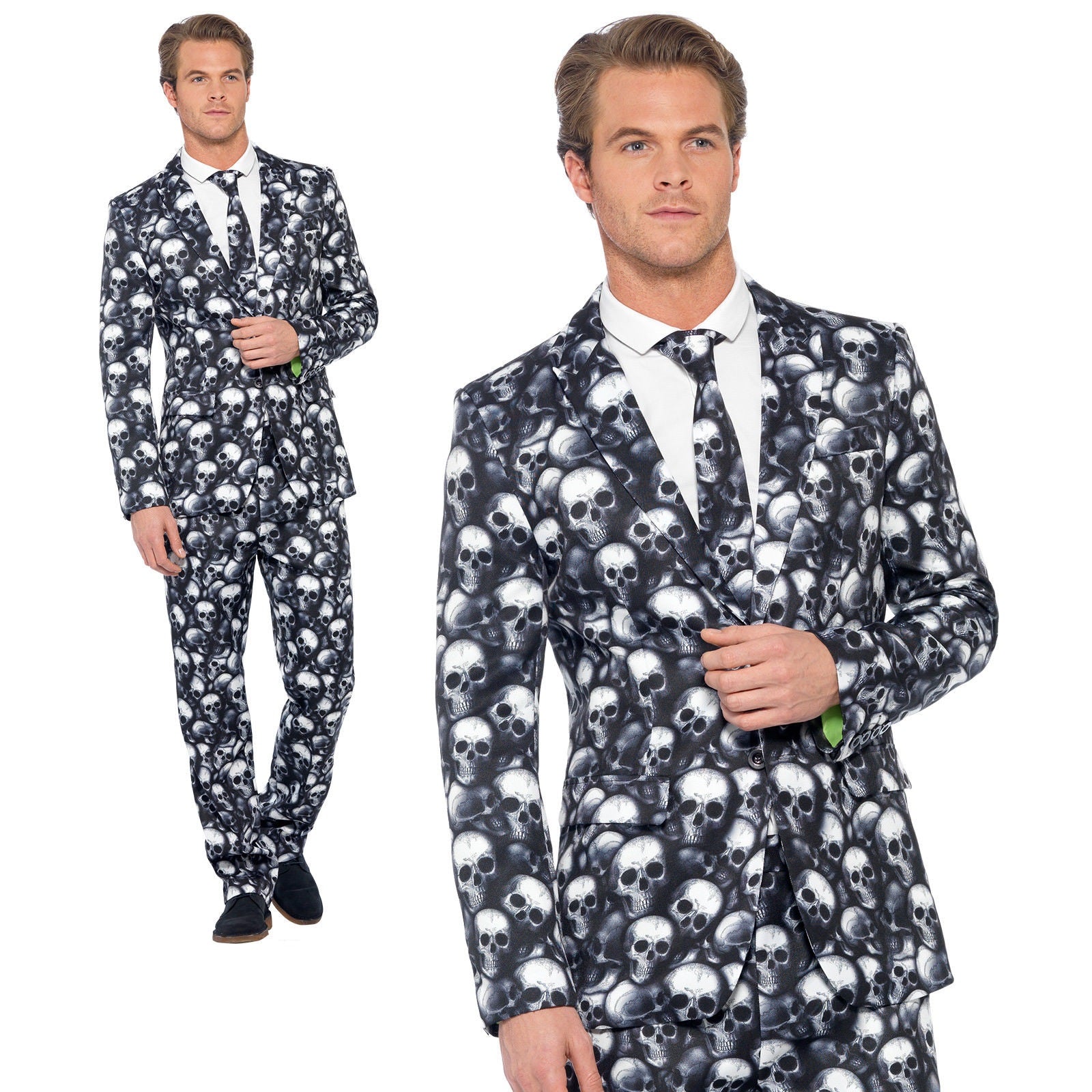 Mens Skeleton Skull Print Suit Day of The Dead Costume Halloween Fancy ...