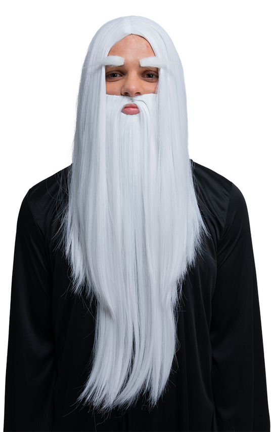 Deluxe Wizard Set Grey Wig & Beard Magician Fancy Dress Kit Adults Acc ...